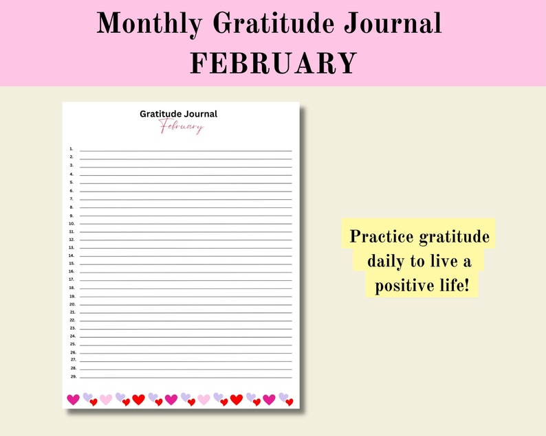 Monthly Gratitude Journal Printable, Daily Gratitude, February ...