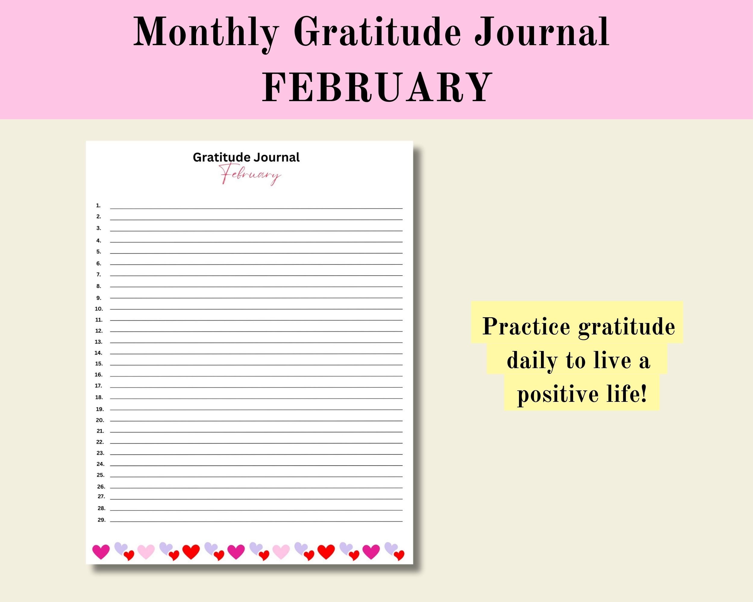 Monthly Gratitude Journal Printable, Daily Gratitude, February ...