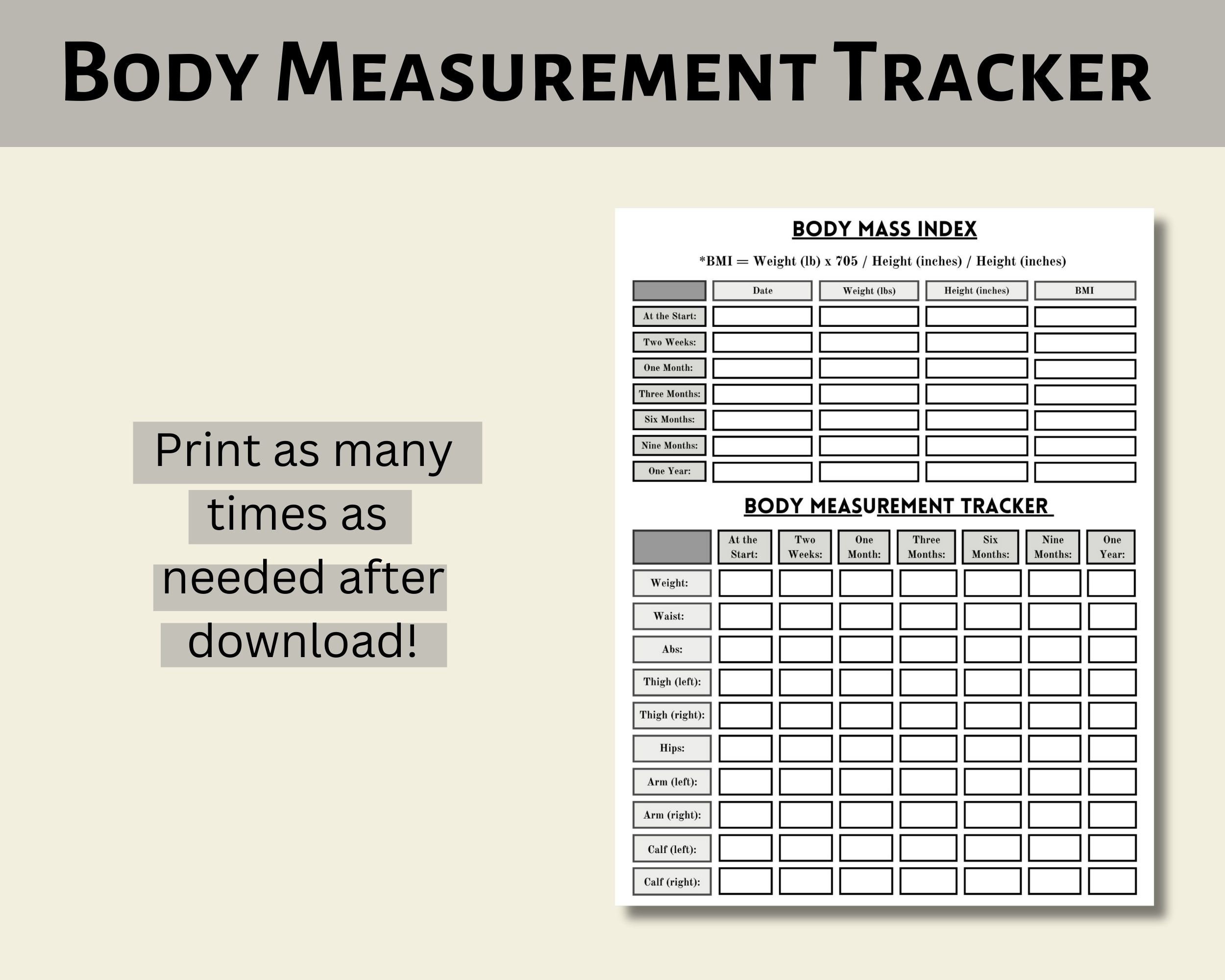 Body Measurement Tracker Printable, BMI Tracker, Body Measurements ...