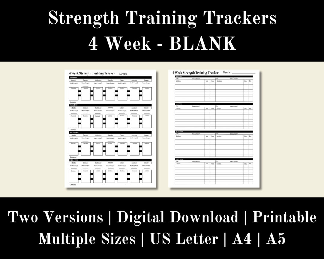 Strength Training 4 Week Tracker Blank, Fitness Tracker, Weight Lifting ...