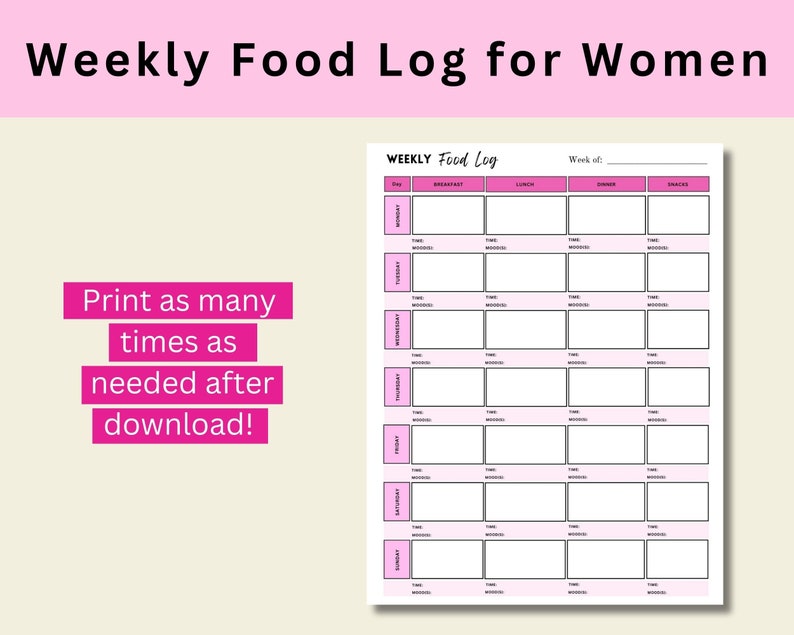 Printable Weekly Food Log, Weekly Food Log, Meal Tracker, Food Tracker ...