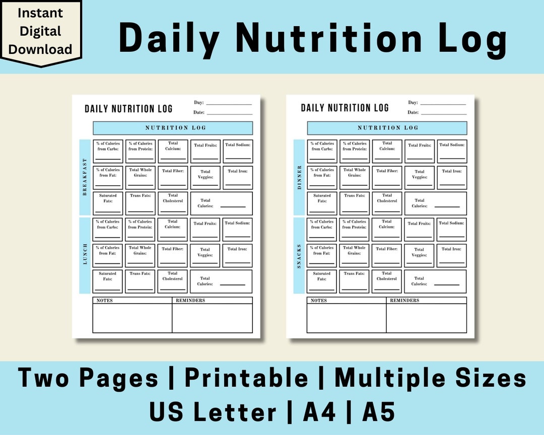Printable Nutrition Log, Daily Nutrition Log, Meal Tracker, Food ...