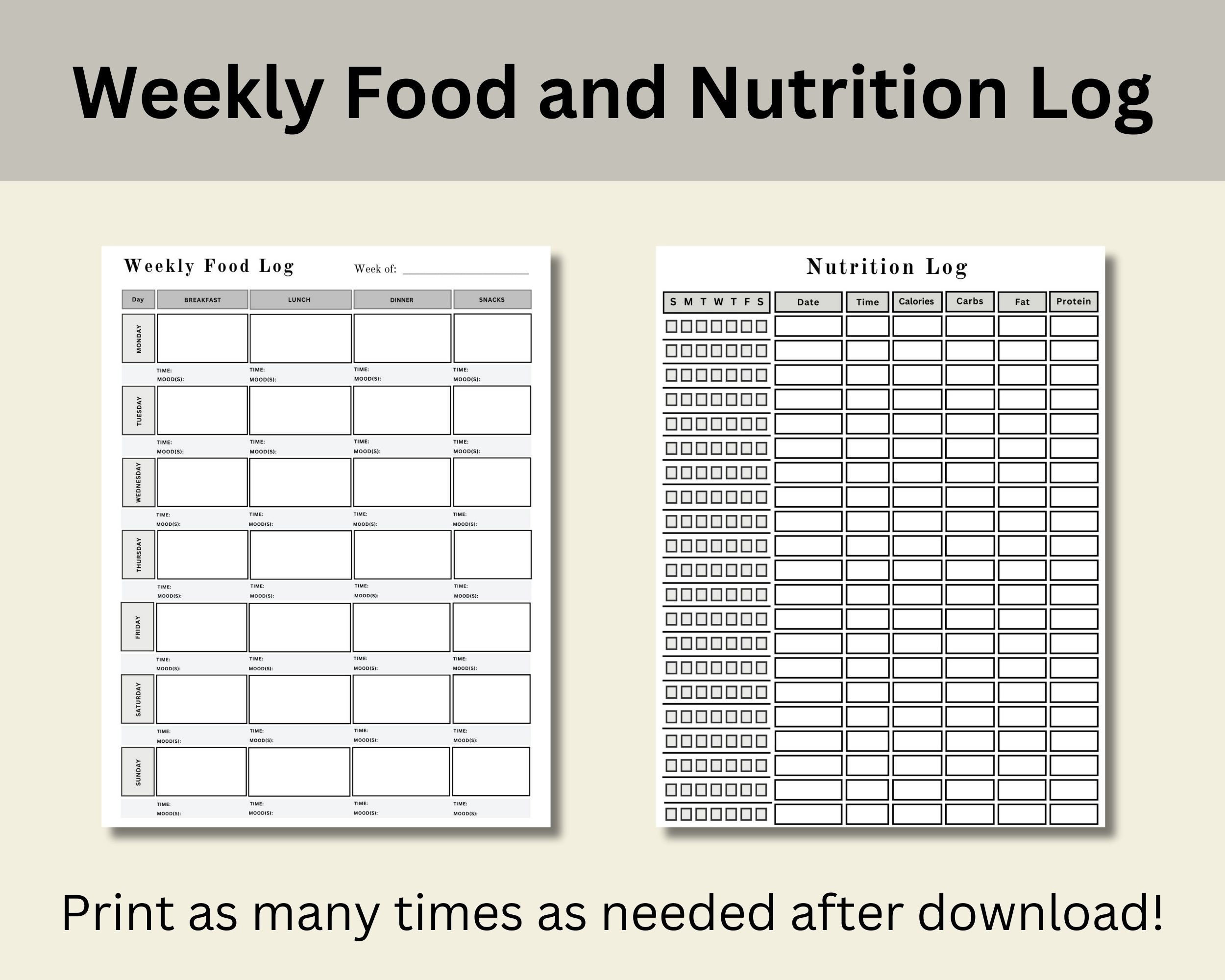 Printable Weekly Food and Nutrition Log, Weekly Food Log, Nutrition Log ...