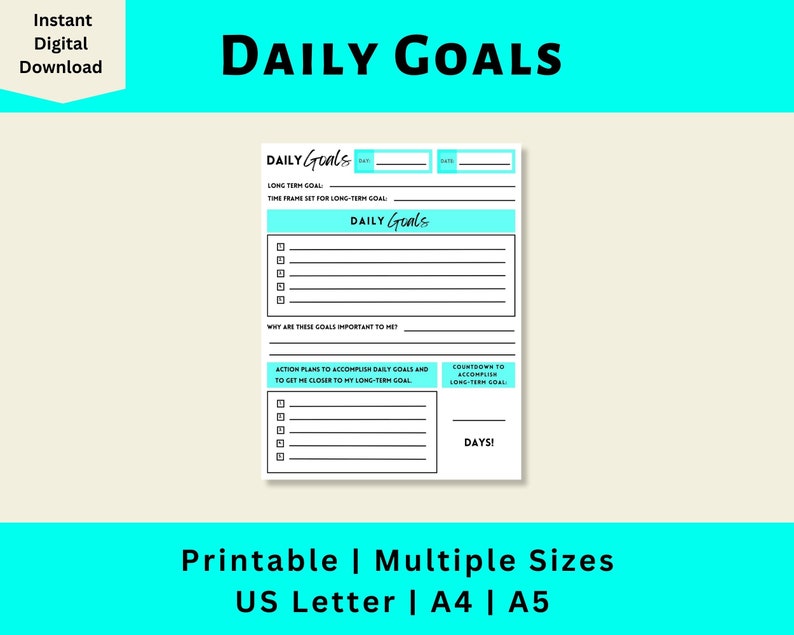 Daily Goals Printable, Daily Goal Sheet, Goal Planning, Goal Setting ...