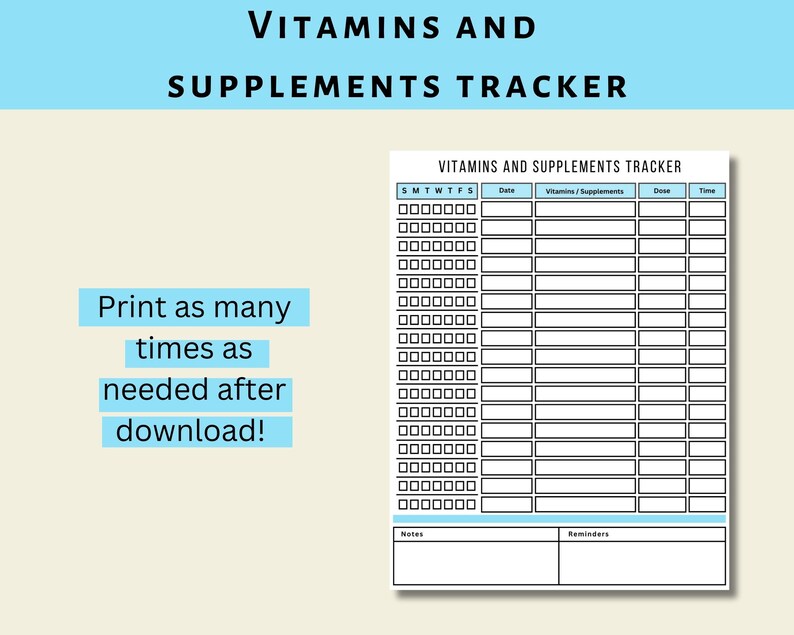 Vitamins and Supplements Tracker Printable, Vitamin Tracker, Supplement ...