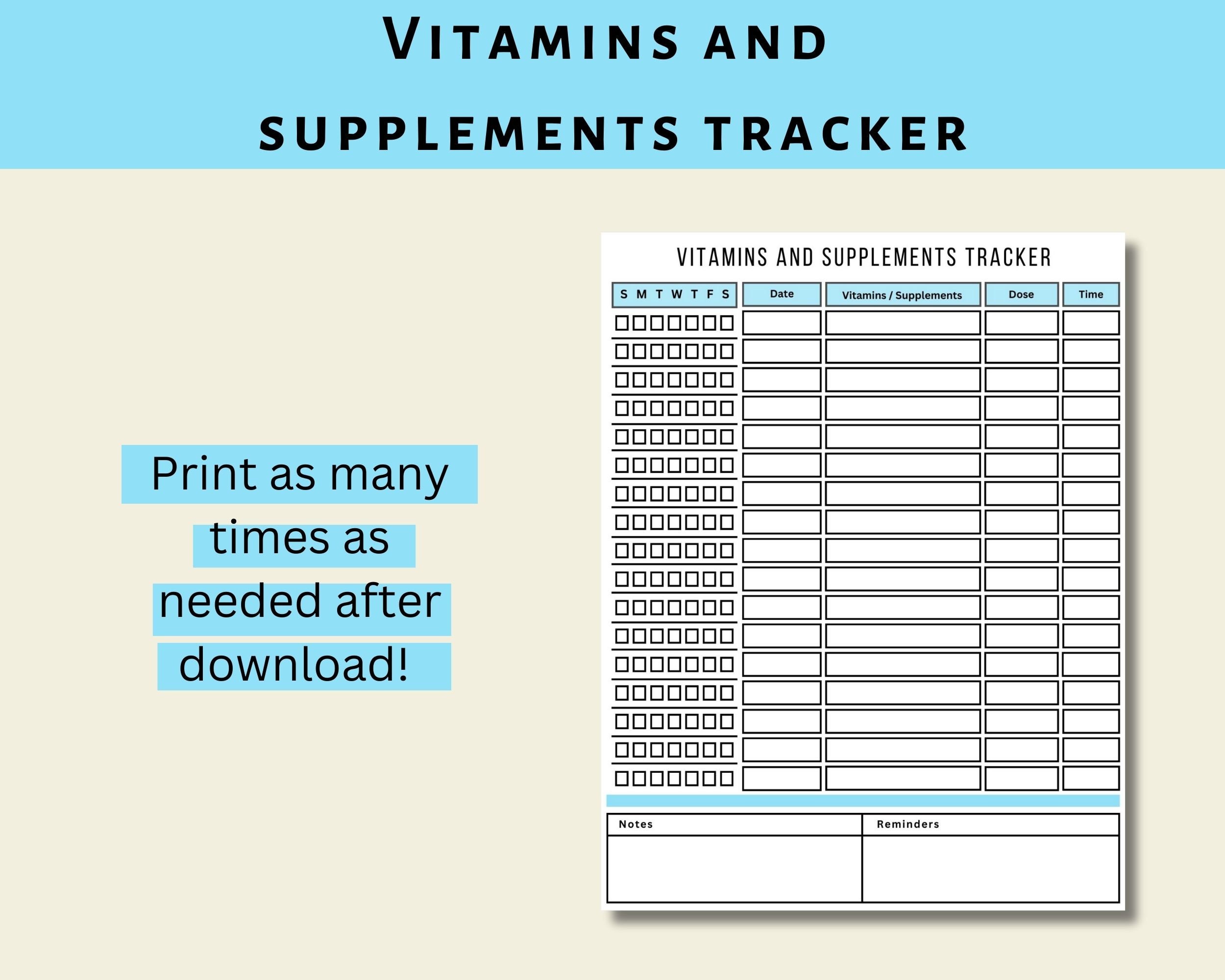 Vitamins and Supplements Tracker Printable, Vitamin Tracker, Supplement ...