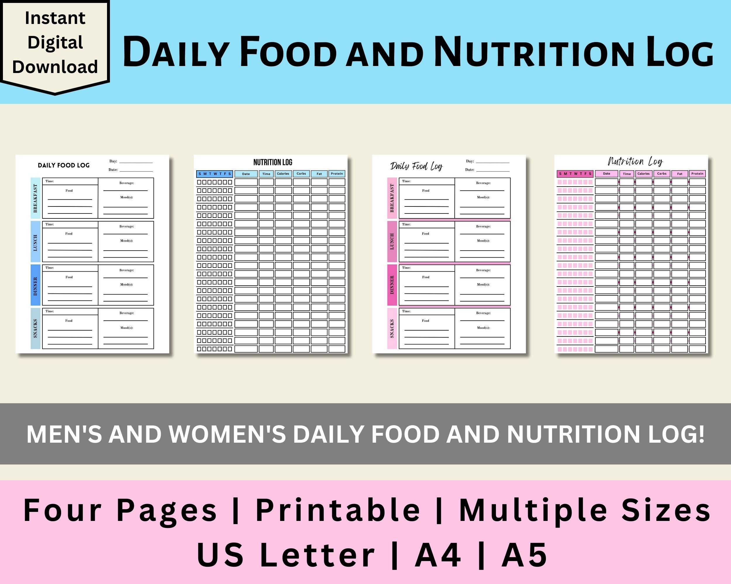 Printable Daily Food and Nutrition Log, Daily Food Log, Nutrition Log ...