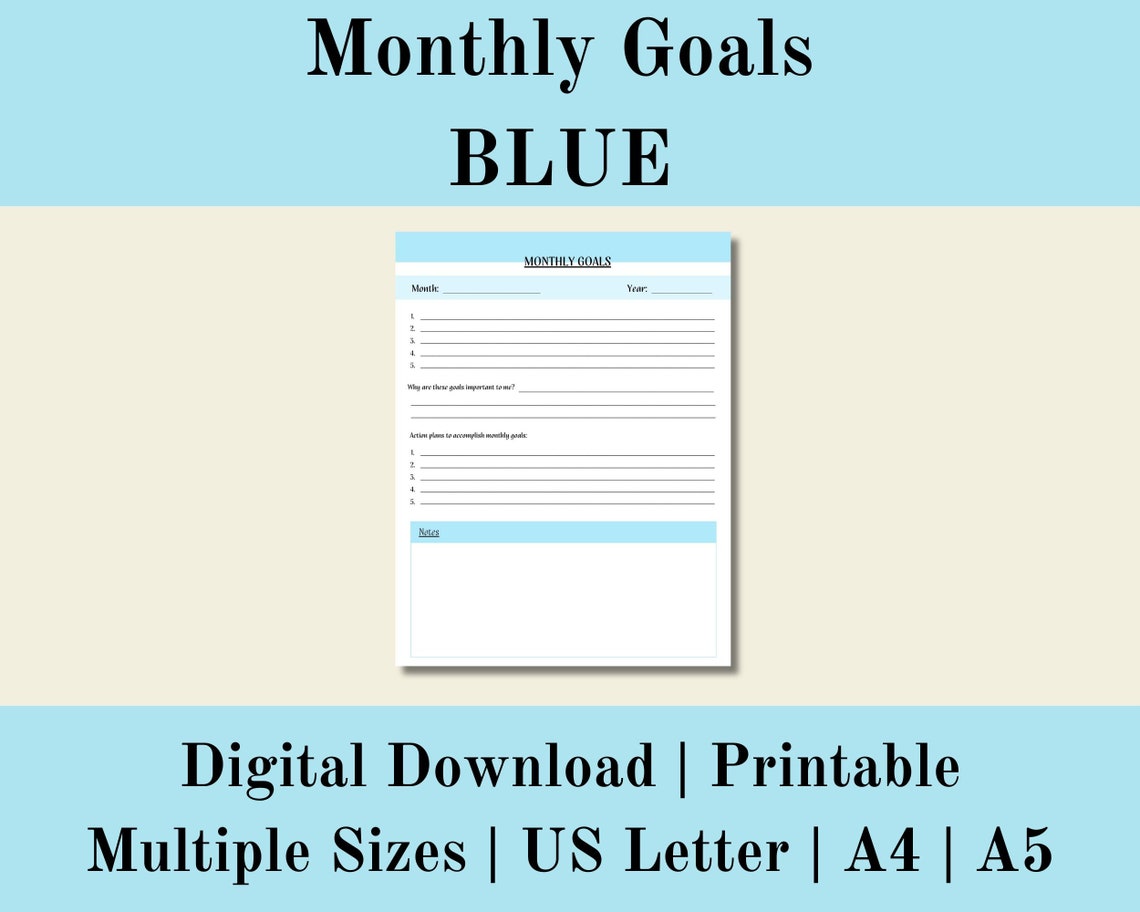 Monthly Goals Blue, Goals Digital Printable, Goal Setting Worksheet ...
