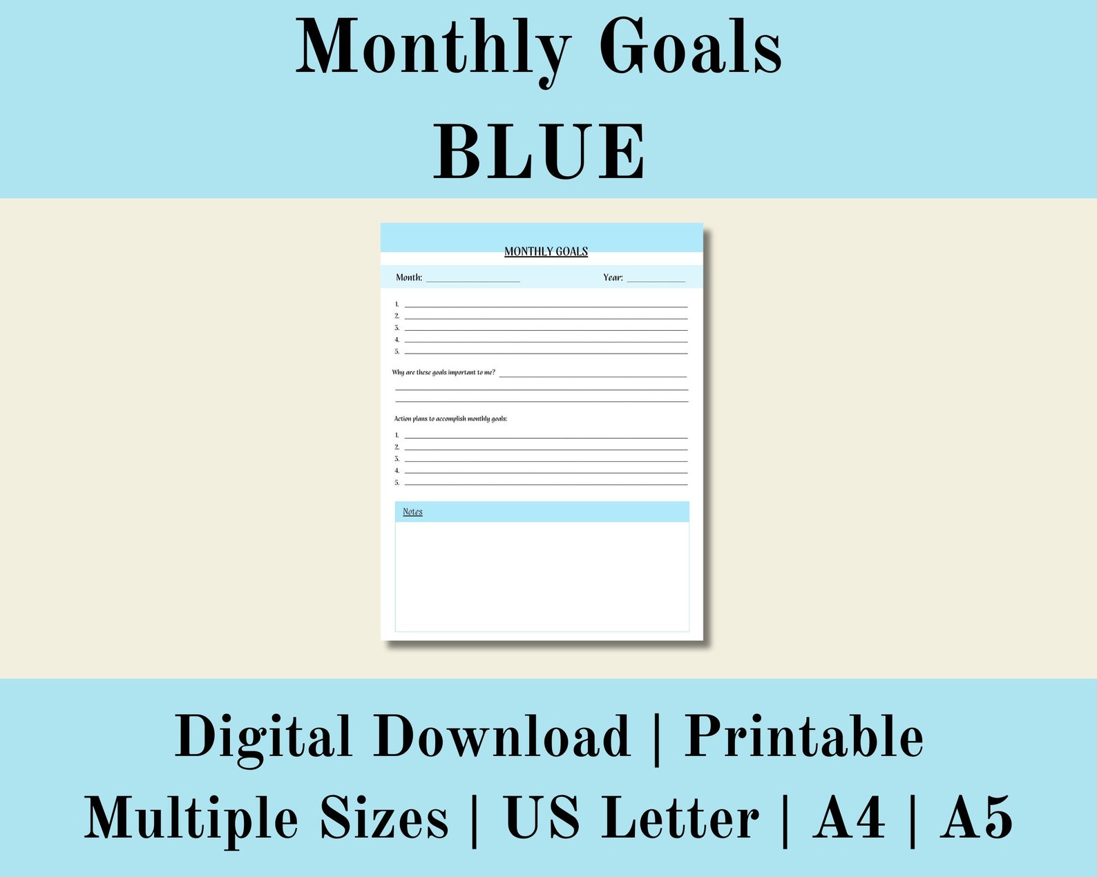 Monthly Goals Blue, Goals Digital Printable, Goal Setting Worksheet ...
