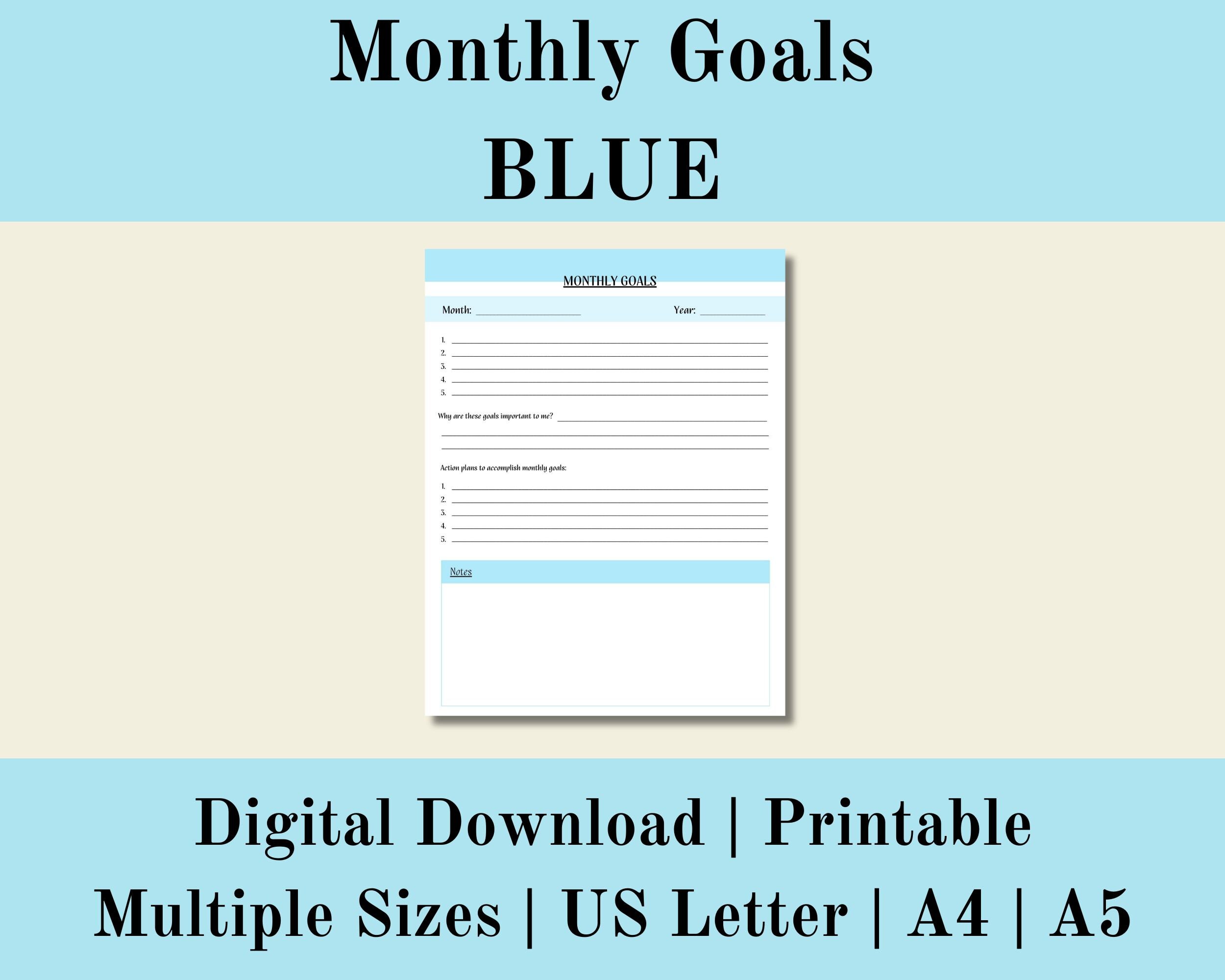 Monthly Goals Blue, Goals Digital Printable, Goal Setting Worksheet ...