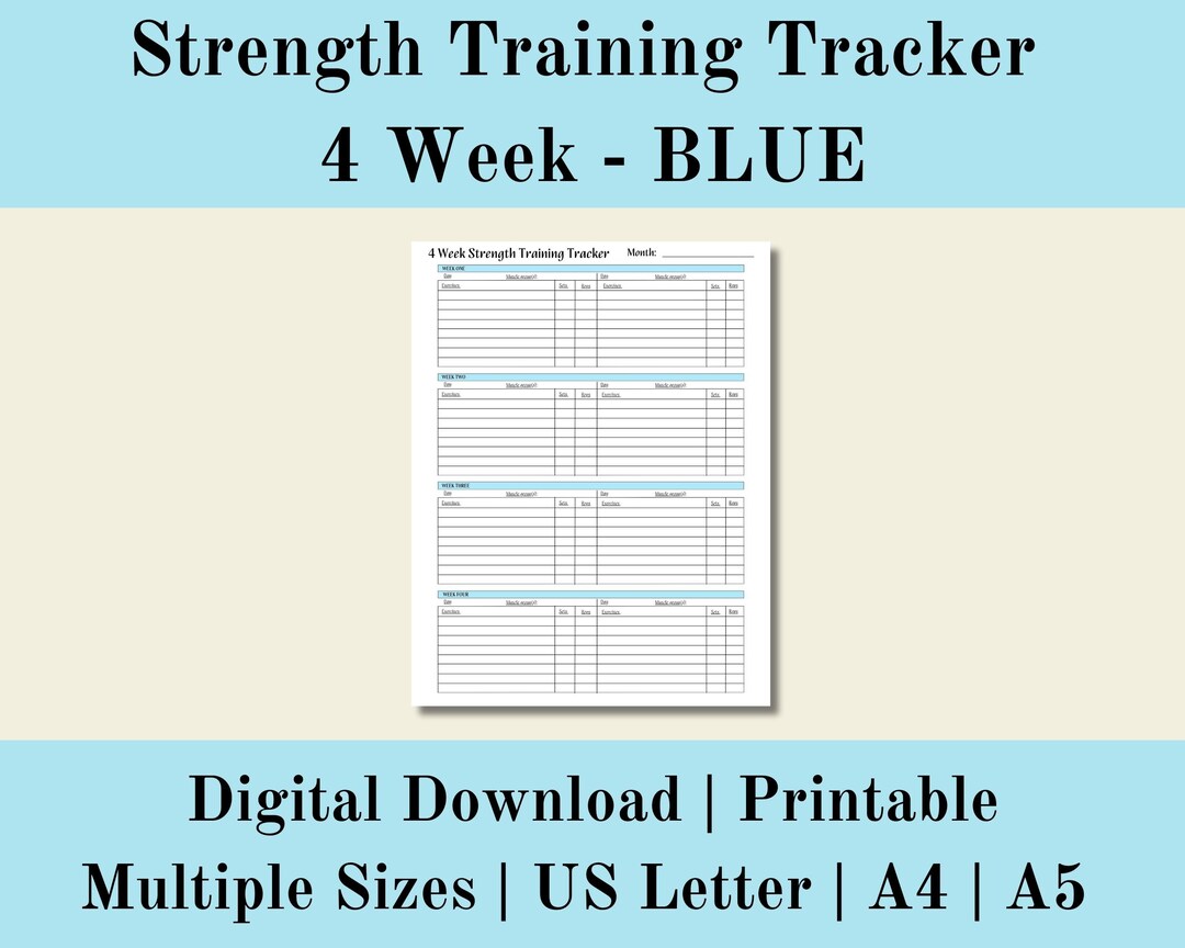 Weekly Strength Training 4 Week Tracker Blue, Fitness Tracker, Weight ...