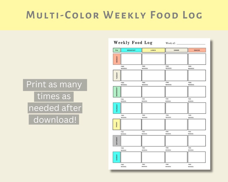 Weekly Food Log, Printable Weekly Food Log, Food Tracker, Meal Tracker ...