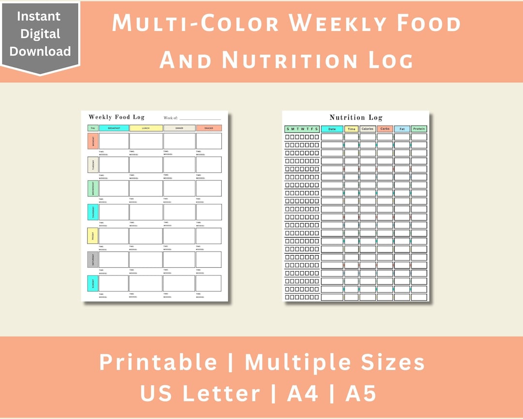Printable Weekly Food and Nutrition Log, Weekly Food Log, Nutrition Log ...