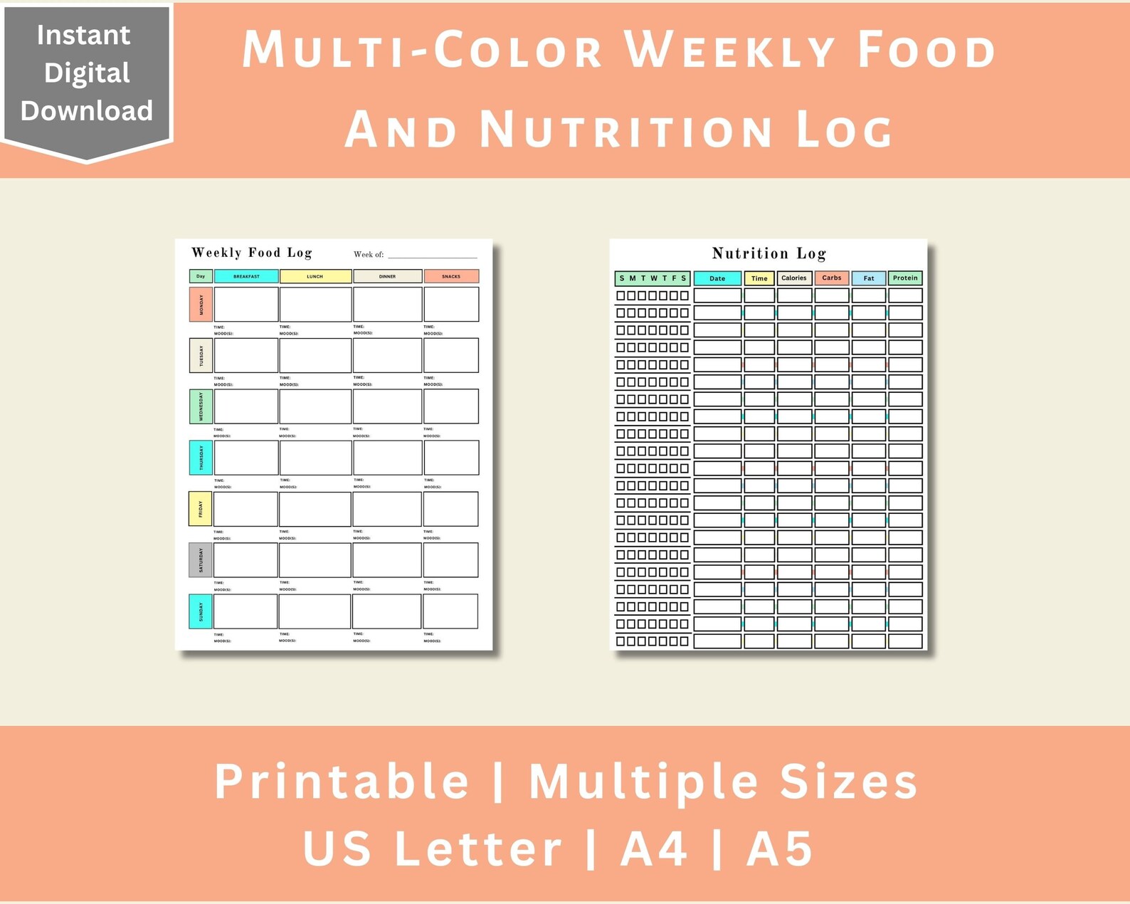 Printable Weekly Food and Nutrition Log, Weekly Food Log, Nutrition Log ...