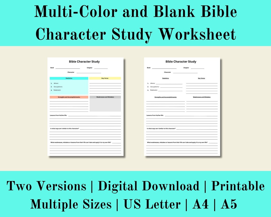 Multi Color and Blank Bible Character Study Worksheet, Christian Bible ...