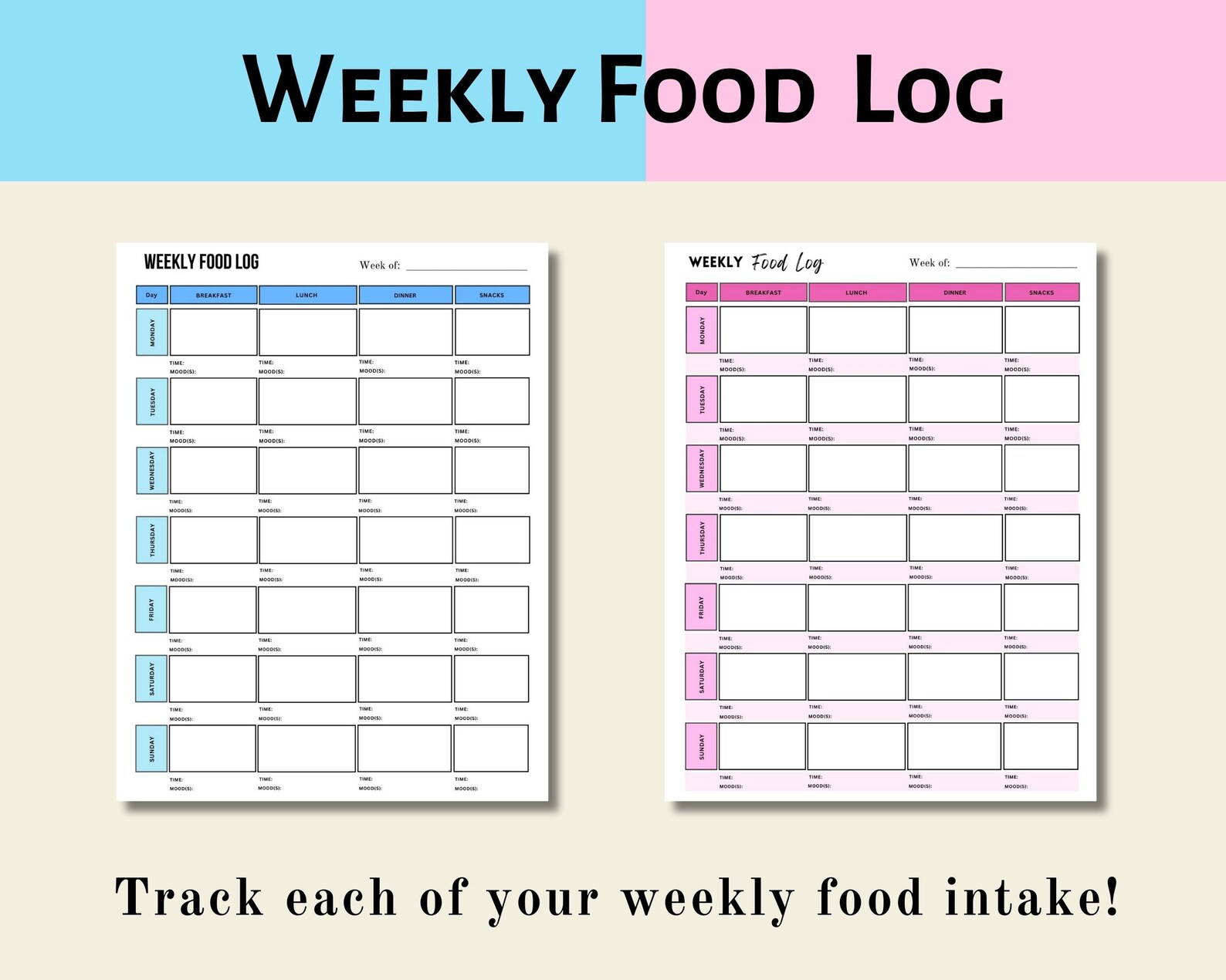 Printable Weekly Food and Nutrition Log, Weekly Food Log, Nutrition Log ...
