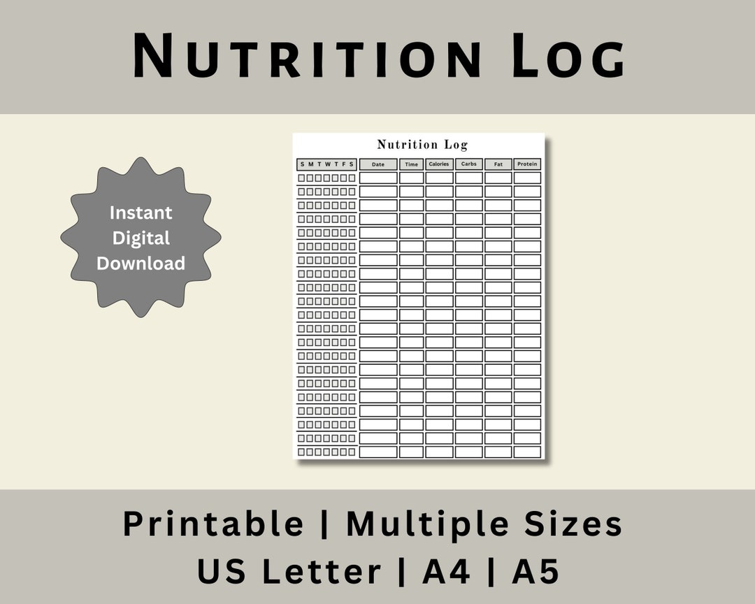 Nutrition Log, Printable Nutrition Log, Meal Tracker, Nutrition Tracker ...