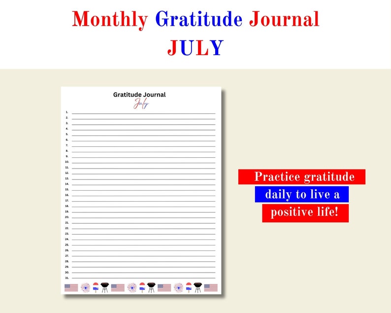 Monthly Gratitude Journal Printable, Daily Gratitude, July Gratitude ...
