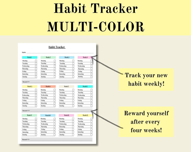 Monthly Habit Tracker Multi Color Printable, Weekly Tracker Digital ...