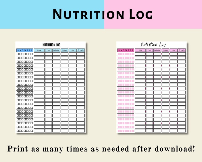 Printable Daily Food and Nutrition Log, Daily Food Log, Nutrition Log ...
