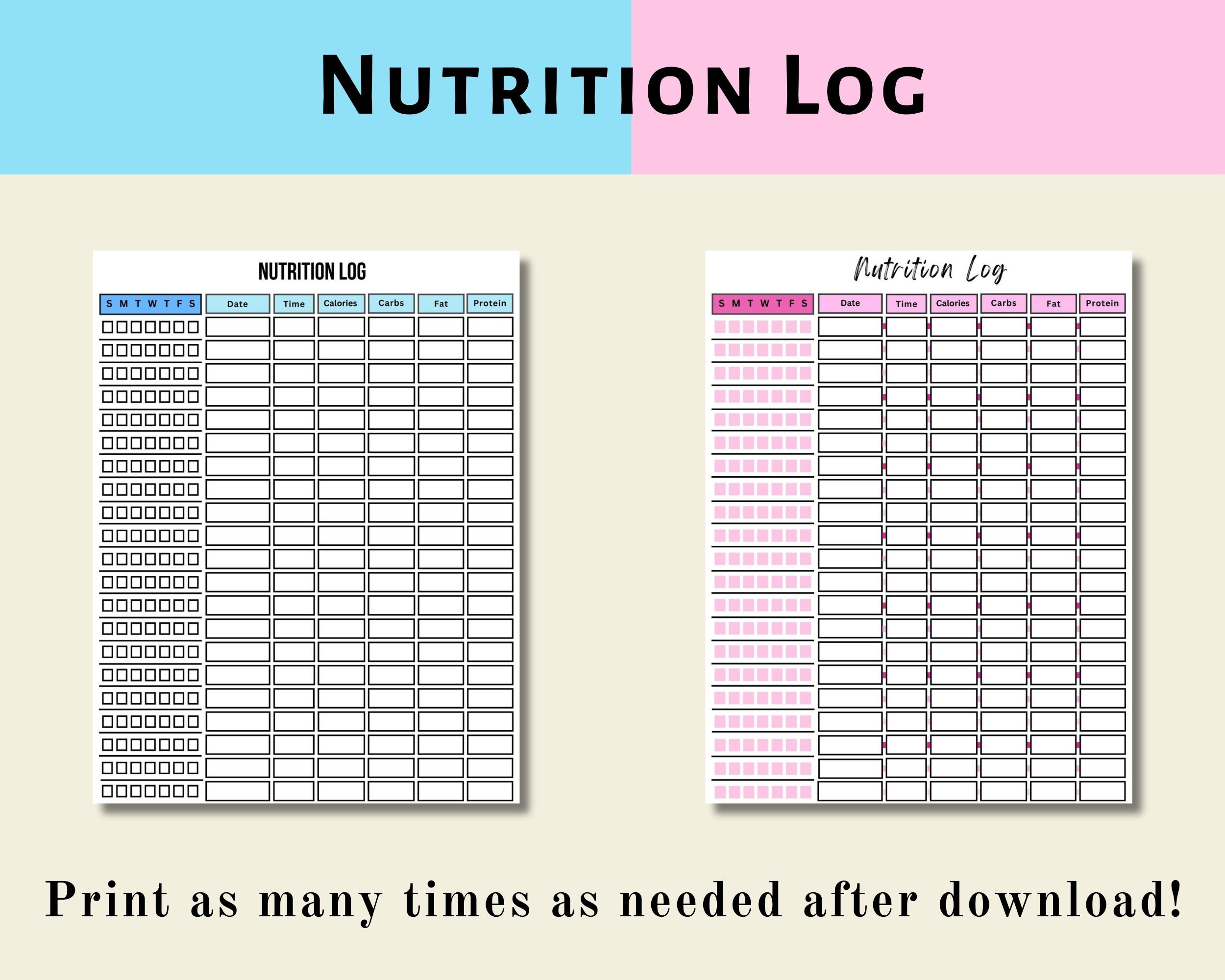 Printable Daily Food and Nutrition Log, Daily Food Log, Nutrition Log ...