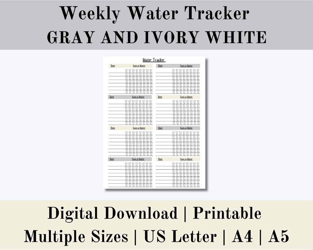 Water Tracker Printable Gray Ivory White, Hydration Tracker, Habit ...