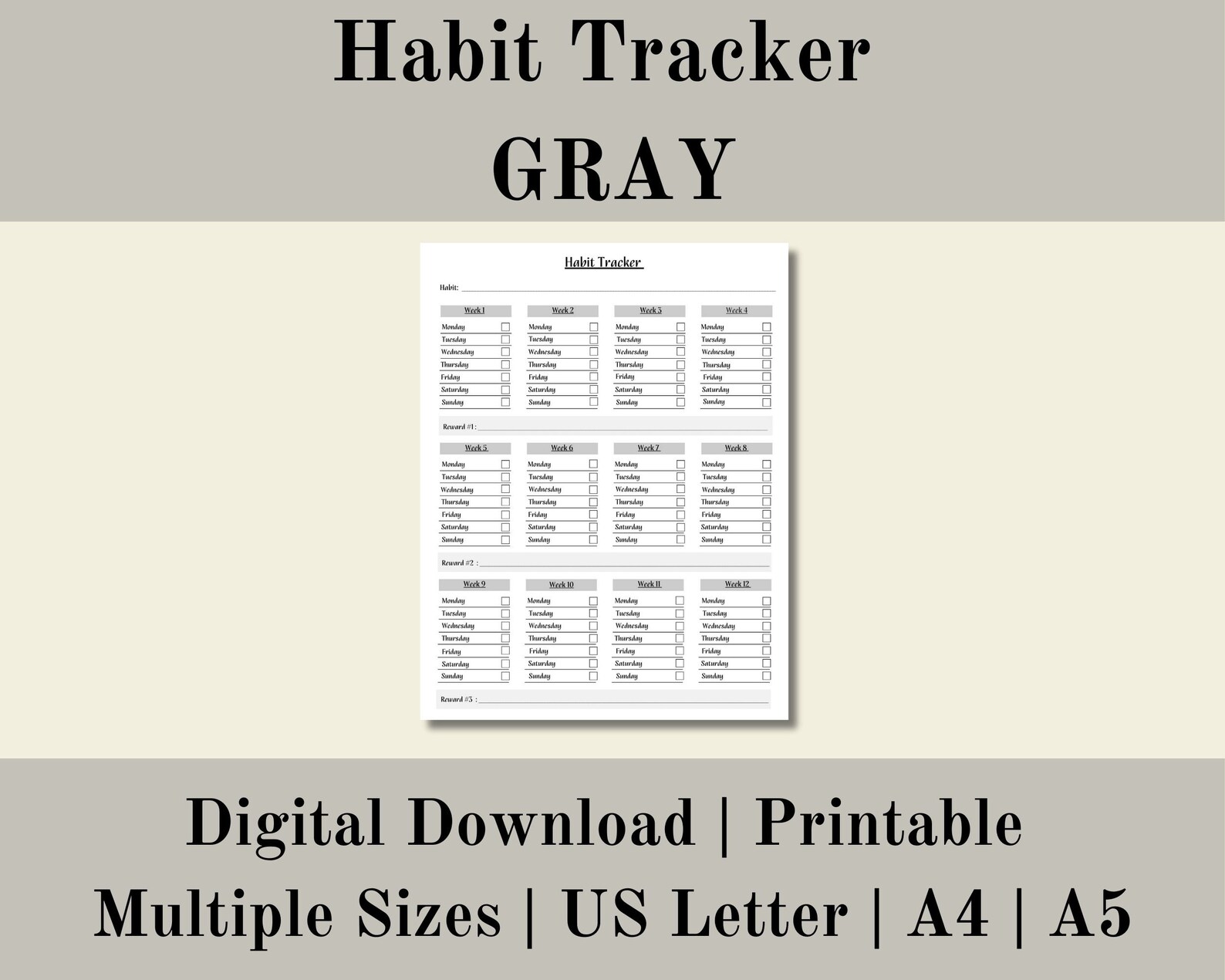 Monthly Habit Tracker Gray Printable, Weekly Tracker Digital, Habit ...