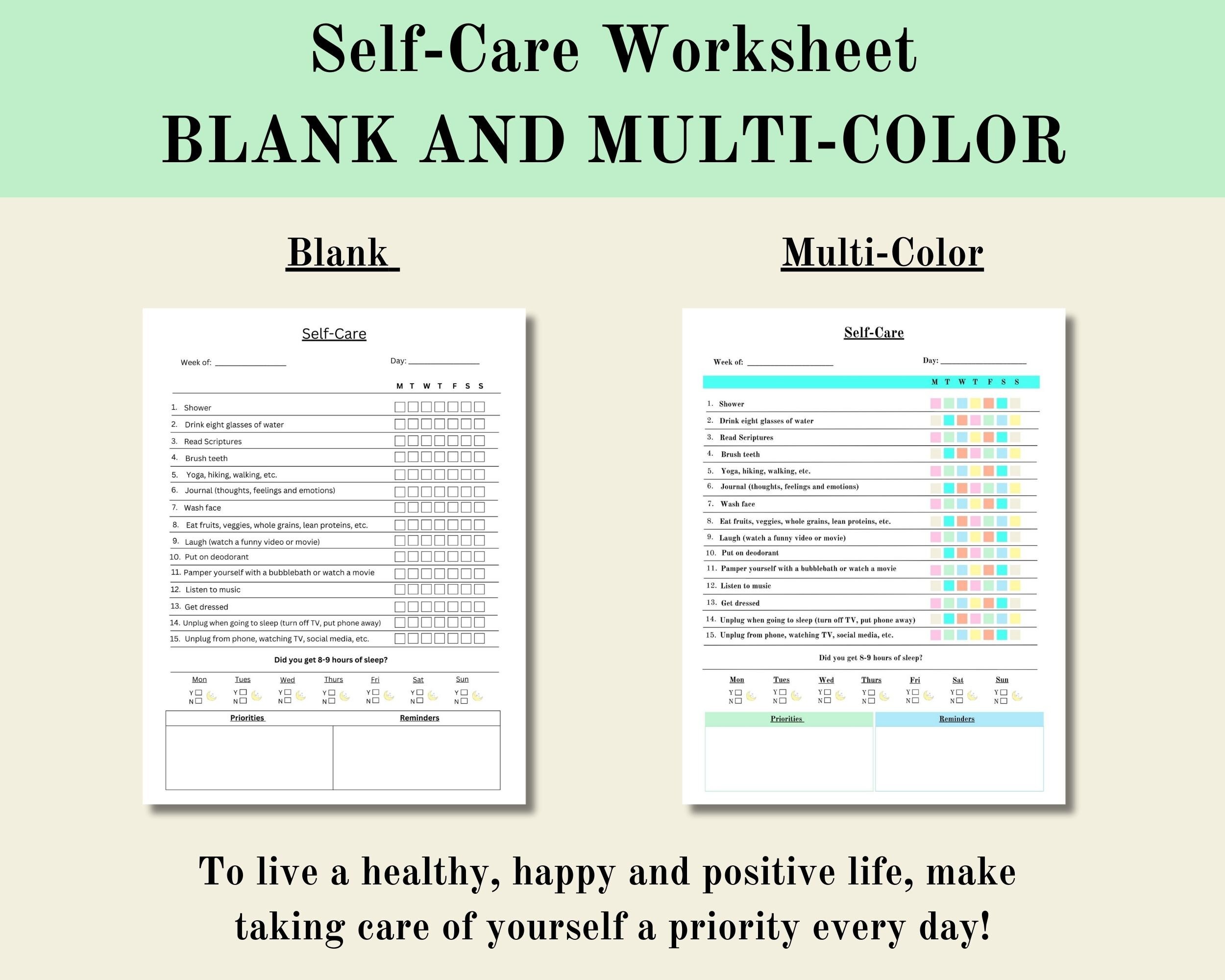 Blank and Multi Color Self Care Weekly Worksheet Printable, Daily Self ...