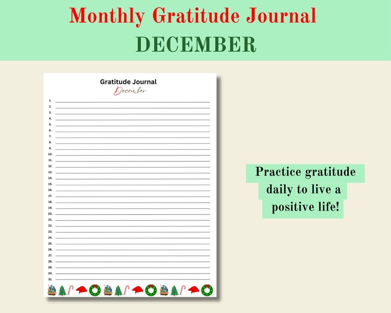Monthly Gratitude Journal Printable, Daily Gratitude, December ...