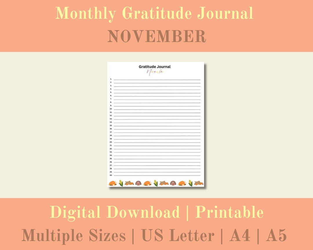 Monthly Gratitude Journal Printable, Daily Gratitude, November ...