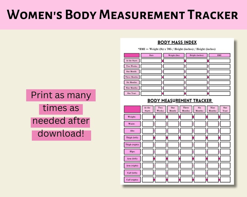 Body Measurements, Body Measurement Tracker Printable, BMI Tracker ...