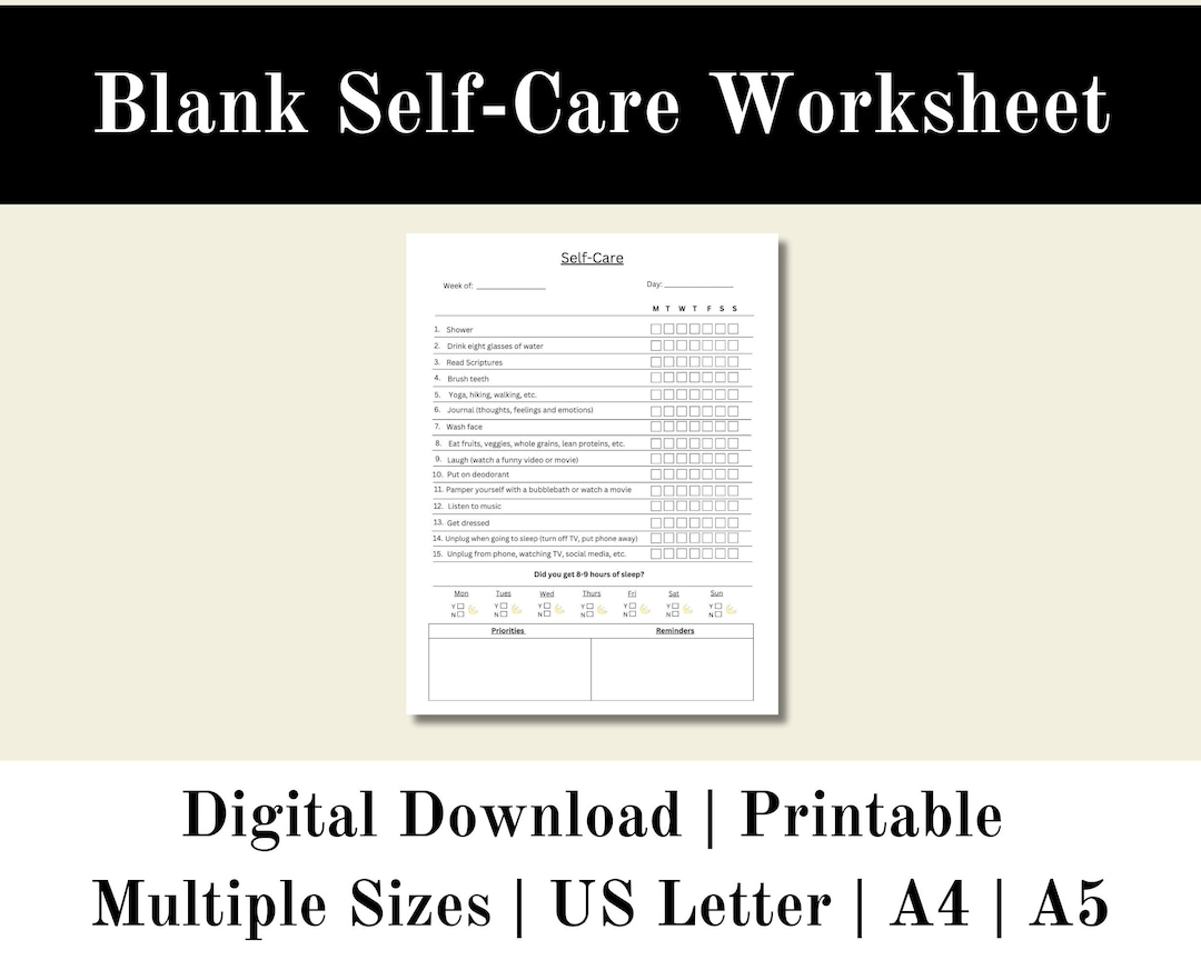 Blank Self Care Weekly Worksheet Printable, Daily Self Care Journal ...