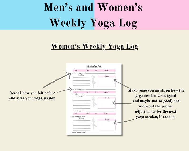 Printable Yoga Log, Yoga Tracker, Yoga Log, Weekly Yoga Log, Mens and ...