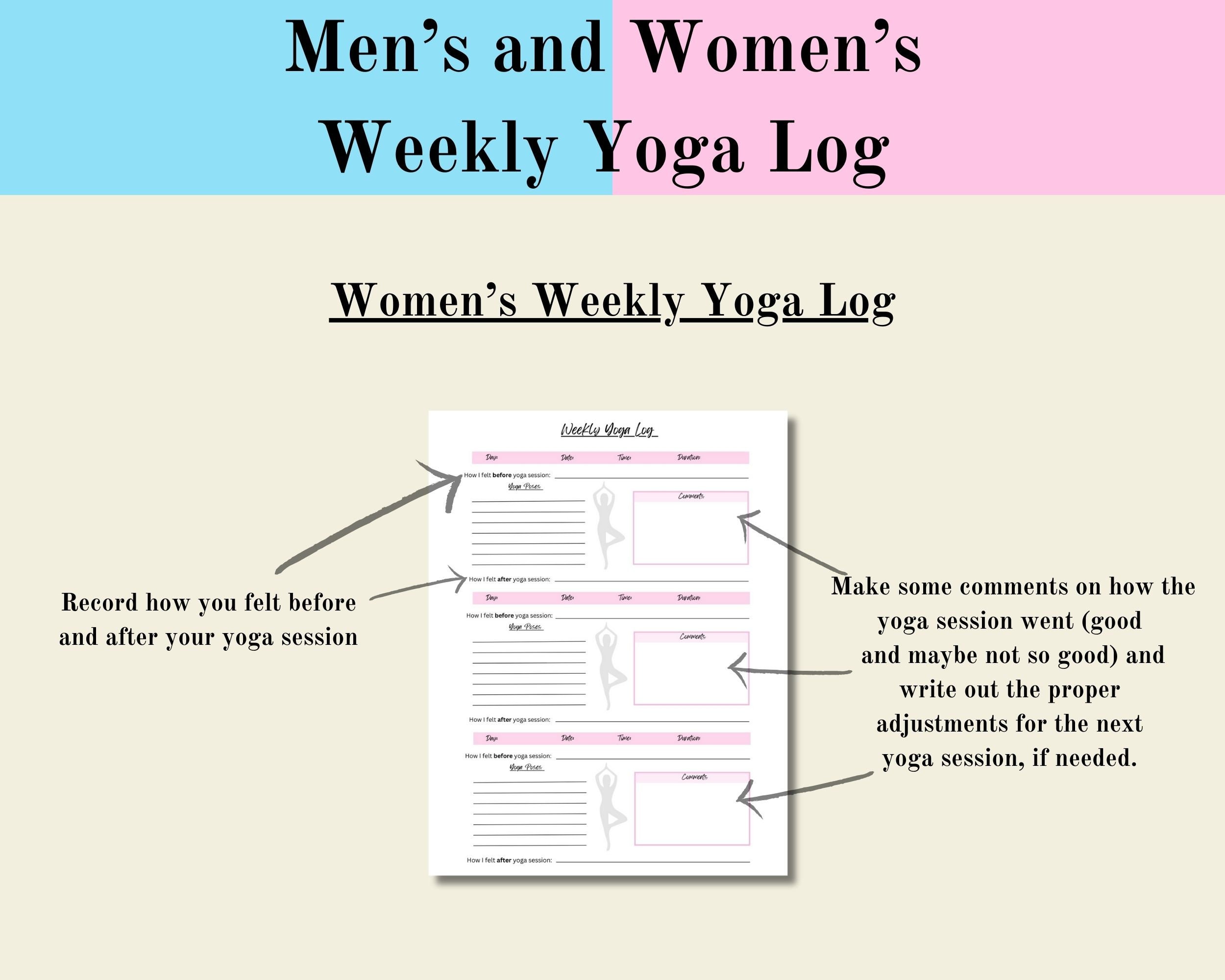 Printable Yoga Log, Yoga Tracker, Yoga Log, Weekly Yoga Log, Mens and ...