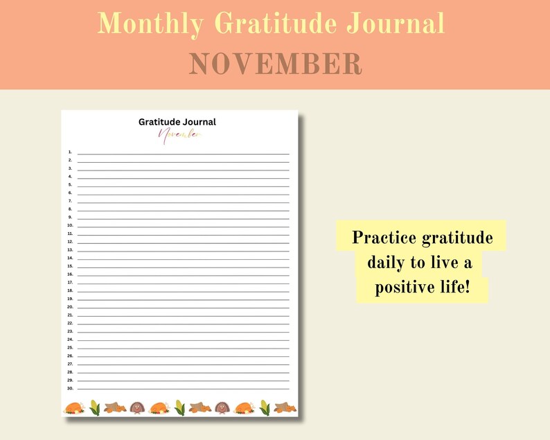 Monthly Gratitude Journal Printable, Daily Gratitude, November ...
