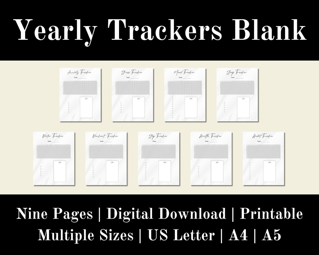 Yearly Trackers Blank Printable, Monthly Trackers Digital Log, Anxiety ...