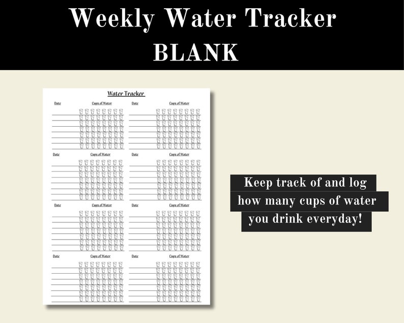 Blank Water Tracker Printable, Hydration Tracker, Habit Tracker, Water ...