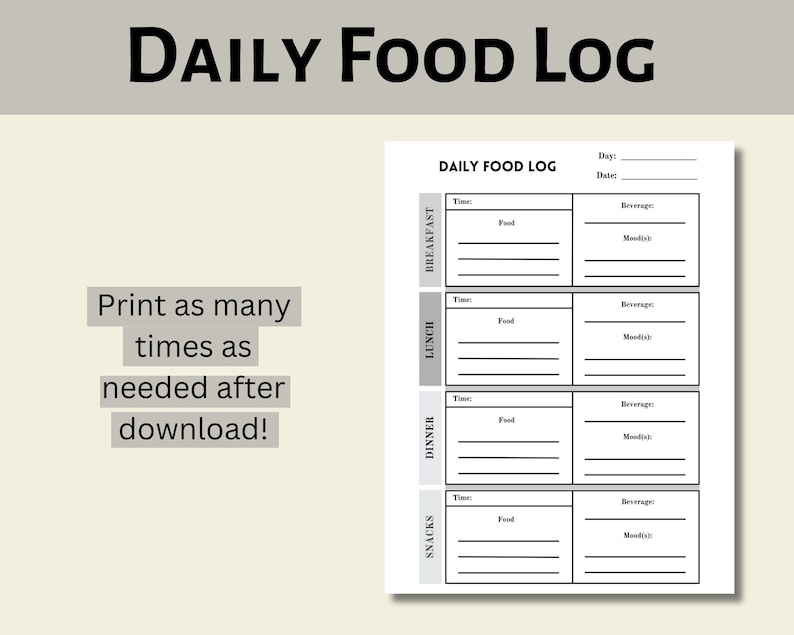 Printable Daily Food Log, Daily Food Log, Meal Tracker, Food Tracker ...