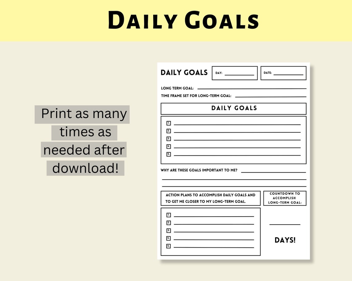 Daily Goals Printable, Daily Goal Sheet, Goal Setting Printable, Goal ...