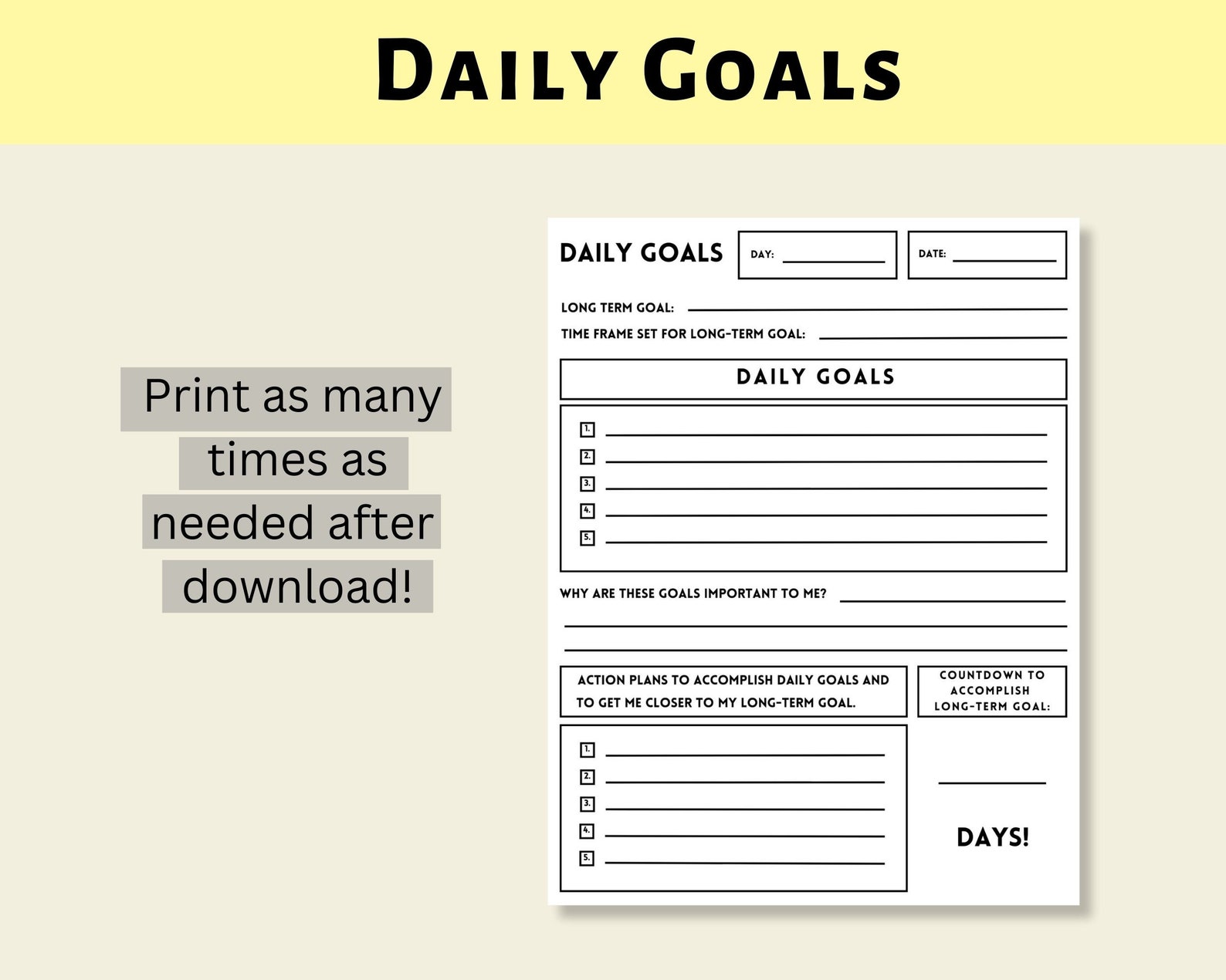 Daily Goals Printable, Daily Goal Sheet, Goal Setting Printable, Goal ...