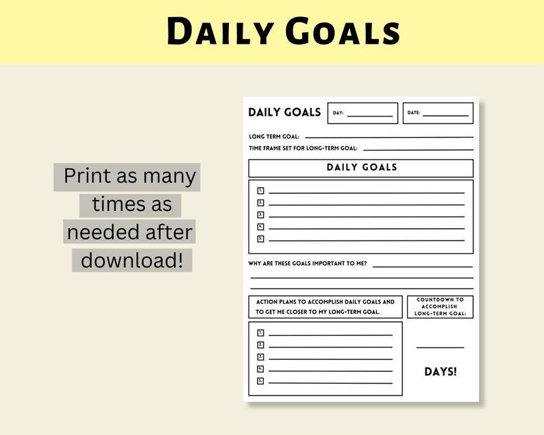 Daily Goals Printable, Daily Goal Sheet, Goal Setting Printable, Goal ...