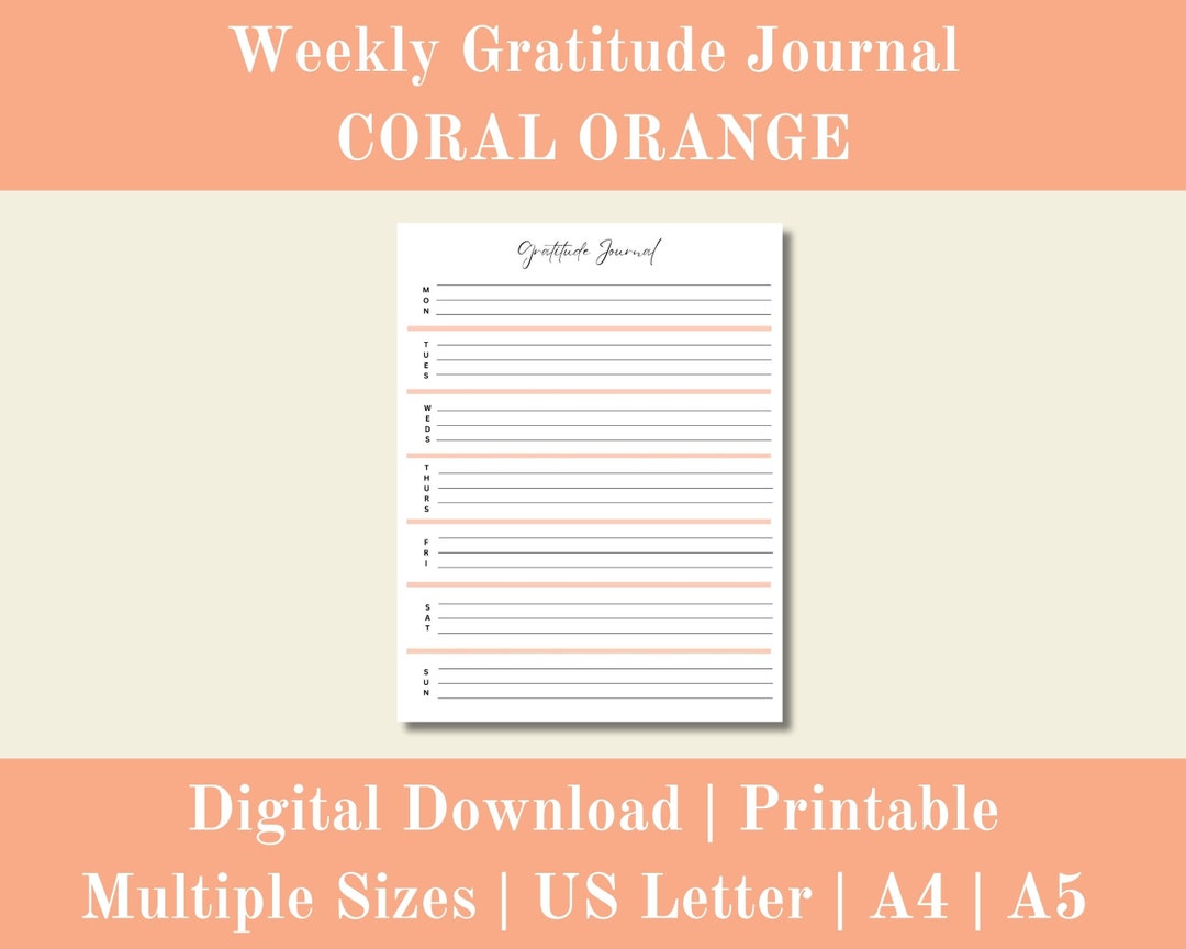 Coral Orange Weekly Gratitude Journal Printable, Coral Orange Daily ...