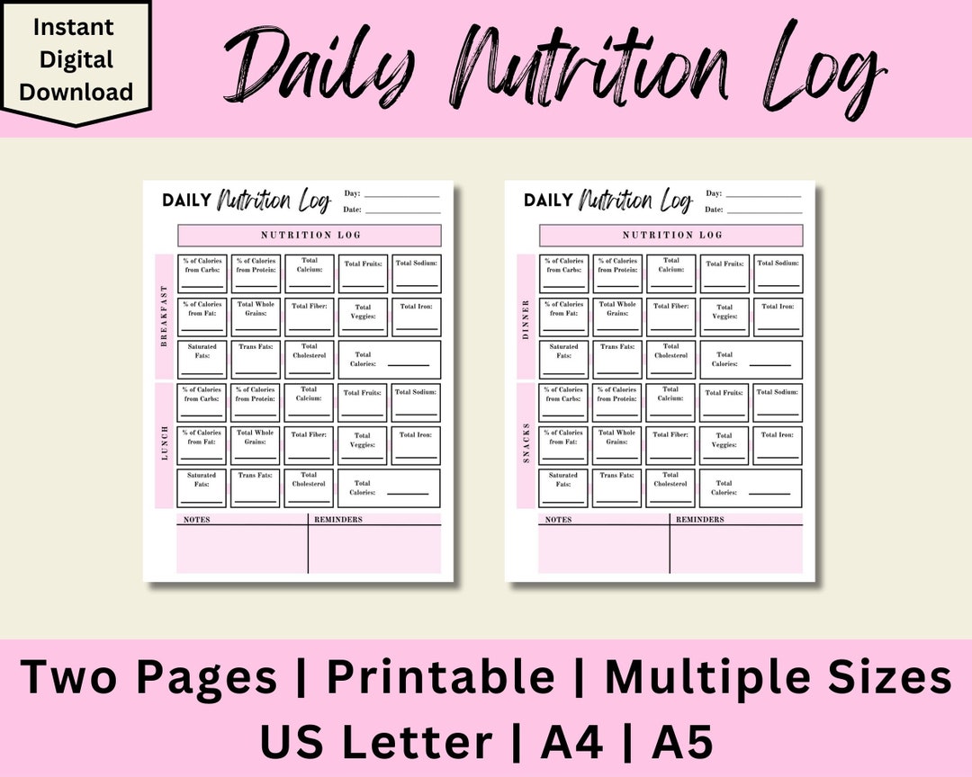 Daily Nutrition Log, Printable Nutrition Log, Food Journal, Meal ...
