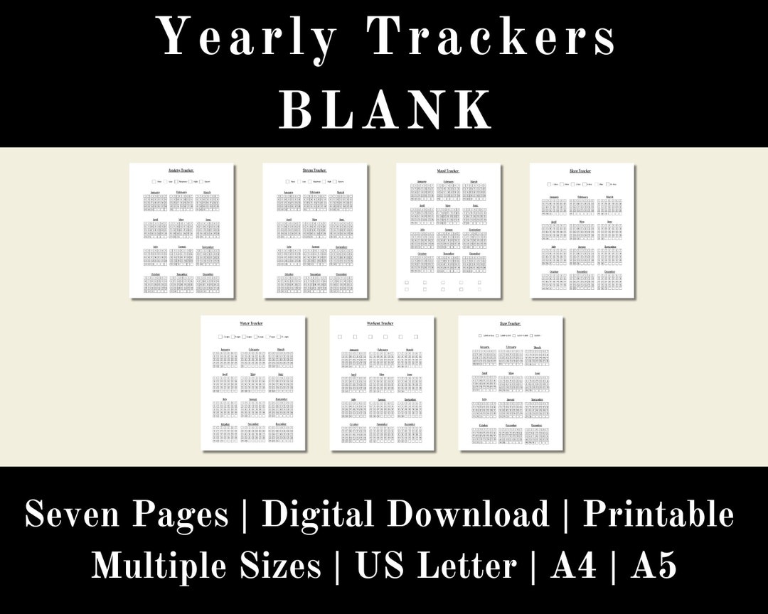 Yearly Trackers Blank Printable, Monthly Trackers Digital Log, Anxiety ...