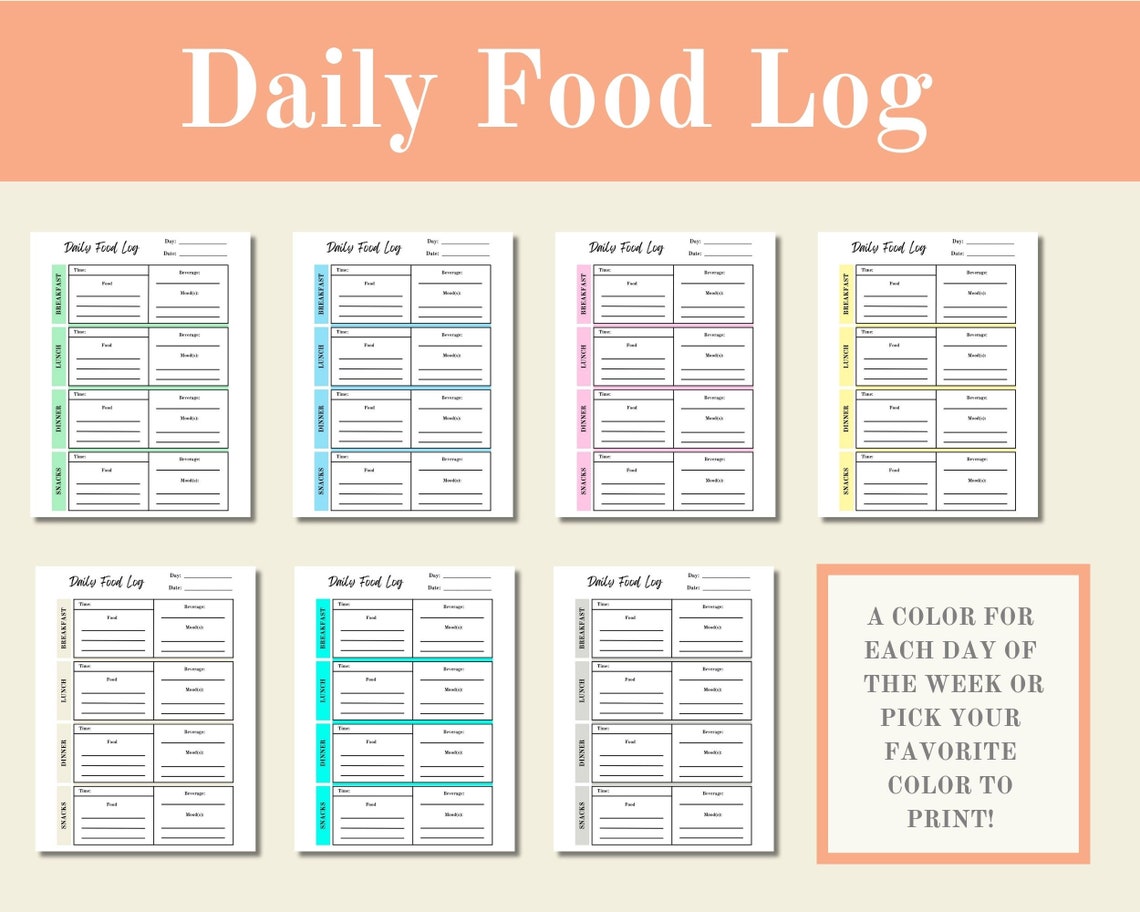 Daily Food Log, Printable Daily Food Log, Meal Tracker, Food Tracker ...