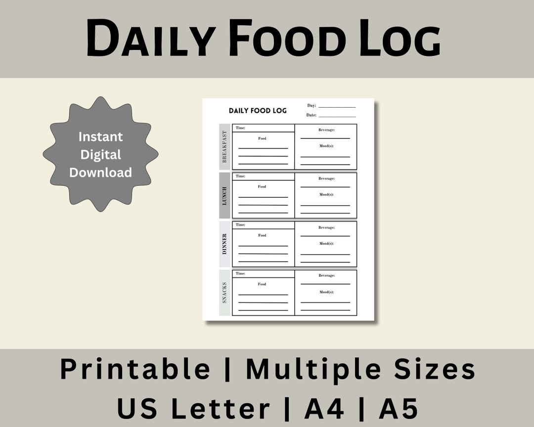 Printable Daily Food Log, Daily Food Log, Meal Tracker, Food Tracker ...
