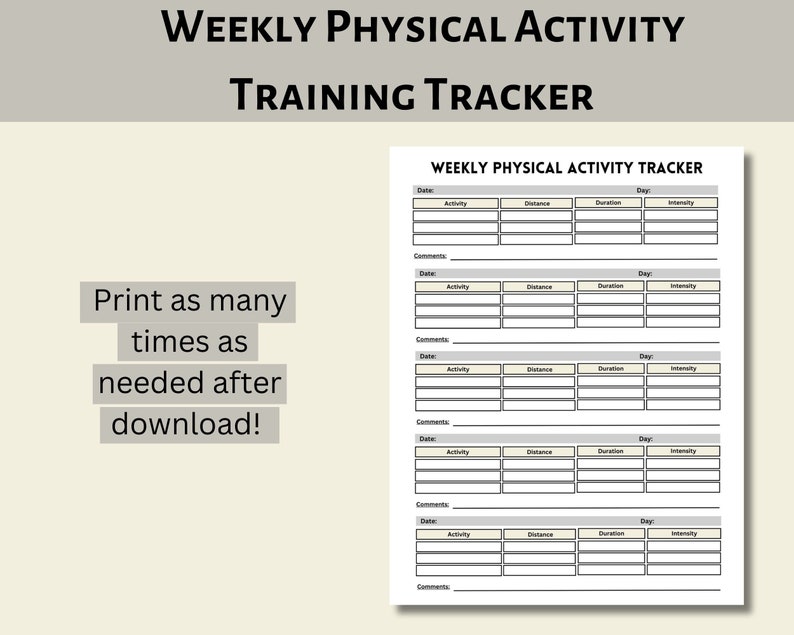 Weekly Physical Activity Tracker Printable, Physical Activity Log ...