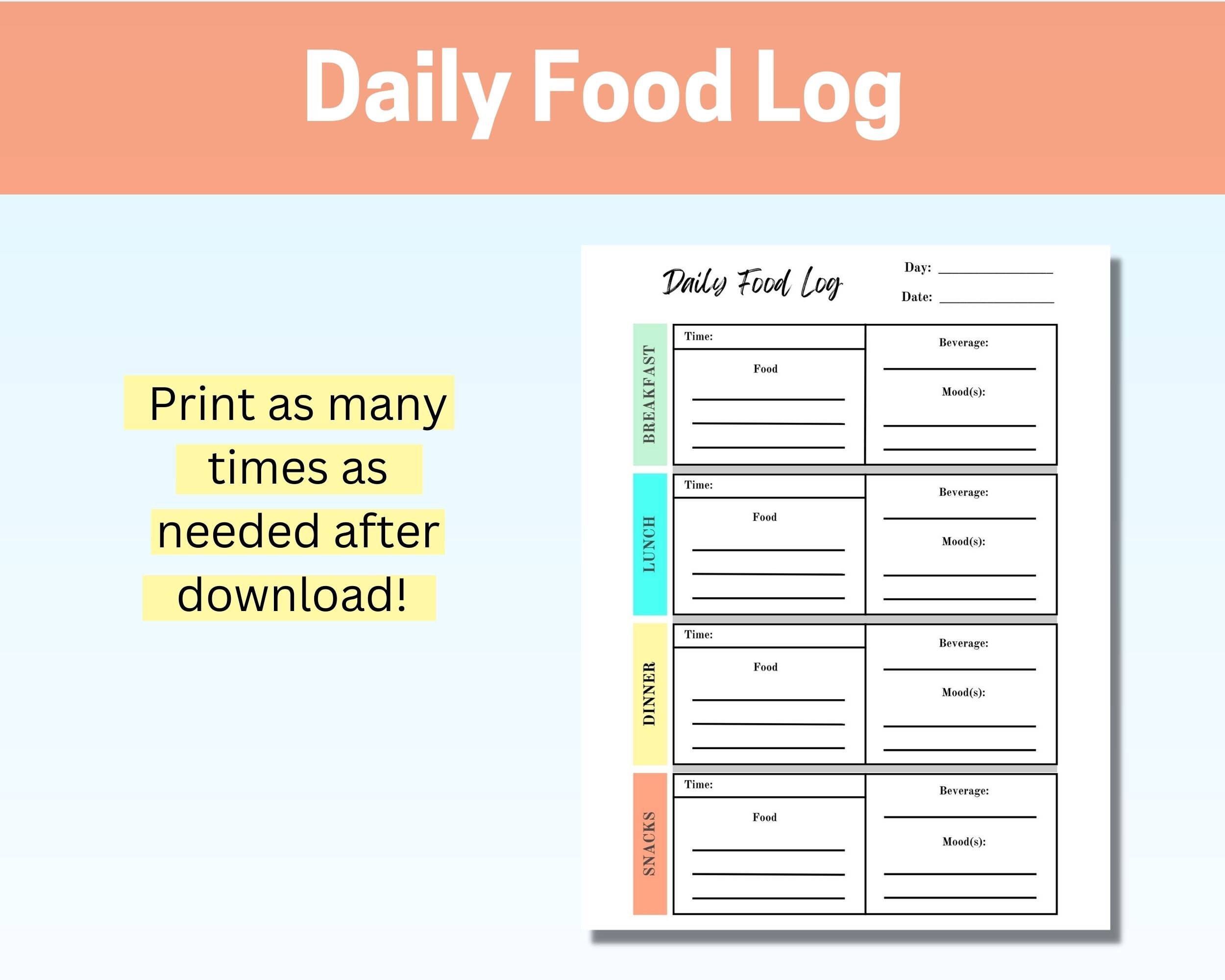 Daily Food Log, Printable Daily Food Log, Meal Tracker, Food Tracker ...