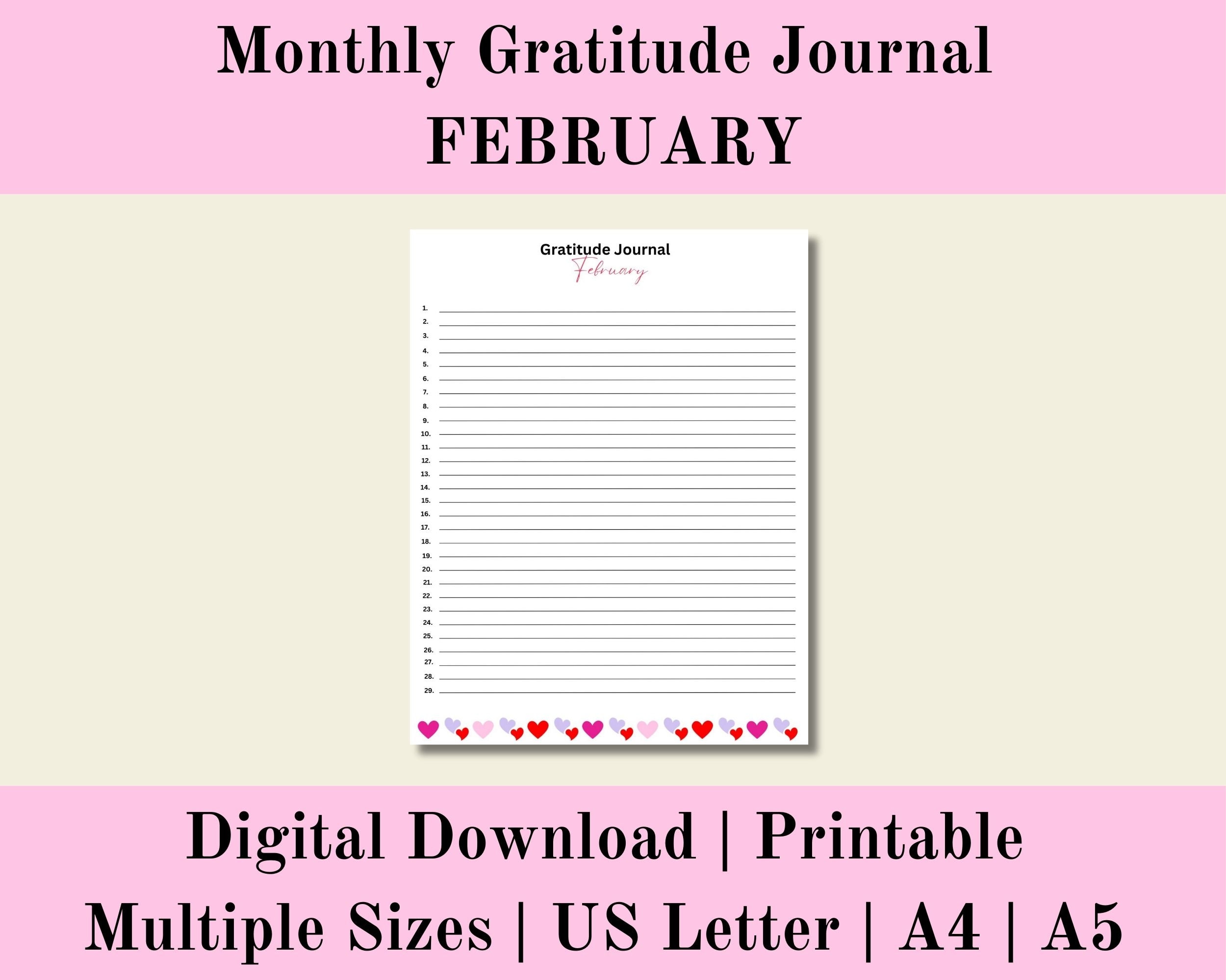 Monthly Gratitude Journal Printable, Daily Gratitude, February ...