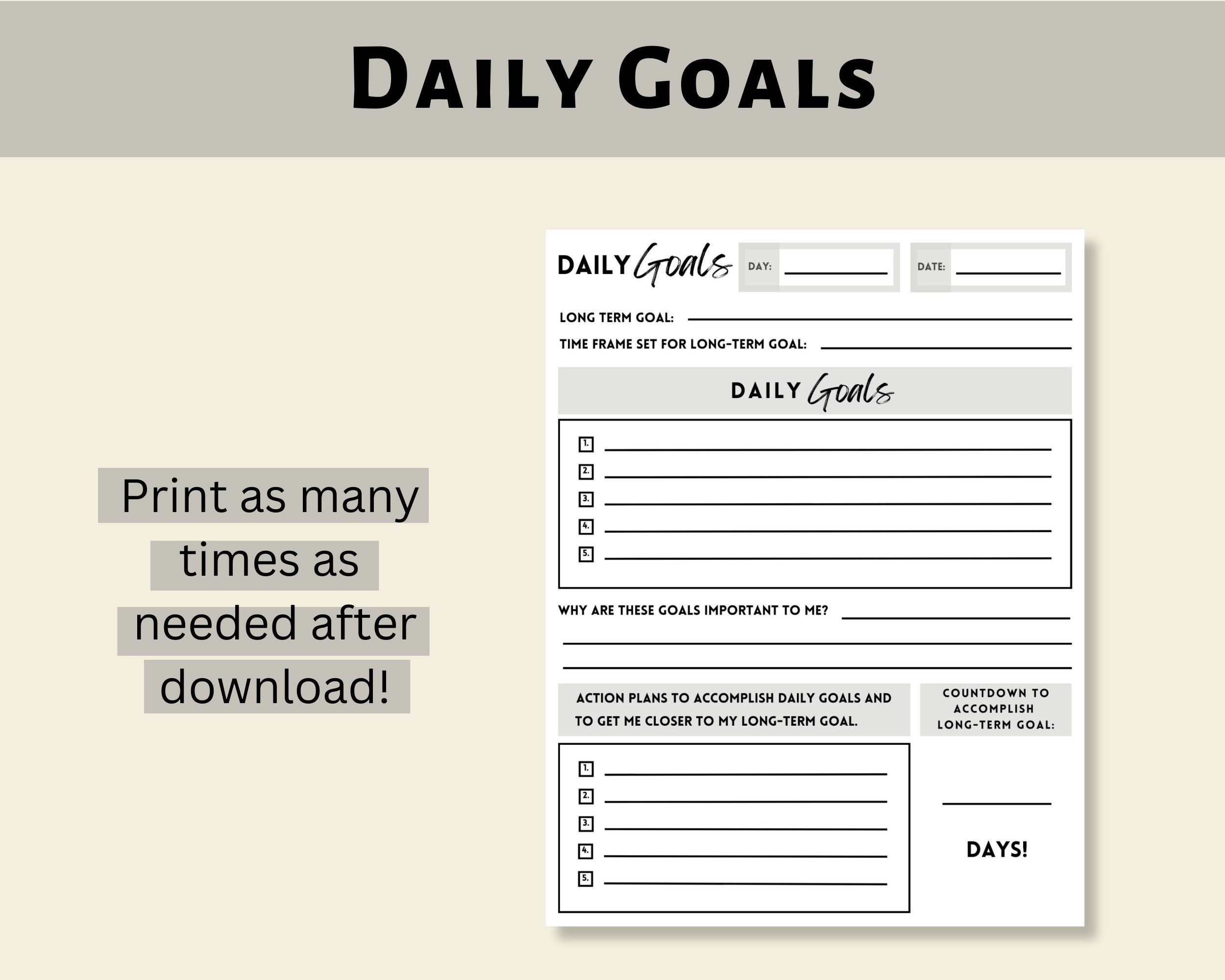 Daily Goals Printable, Goal Setting Printable, Daily Goal Sheet, Goal ...